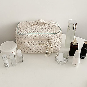 Lushandy Kawaii Floral Makeup Bag Coquette Aesthetic Cosmetic Bag Large Travel Makeup Organizer Cute Pouch Cotton Quilted Toiletry Bag