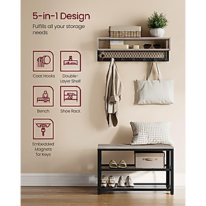 VASAGLE Coat Rack Shoe Bench Set, Hall Tree with Bench, Entryway Furniture, Multifunctional, Dot Coat Hooks, 2-Tier Shoe Rack, Industrial Style, for Entryway, Hallway, Heather Greige ULCR073K02