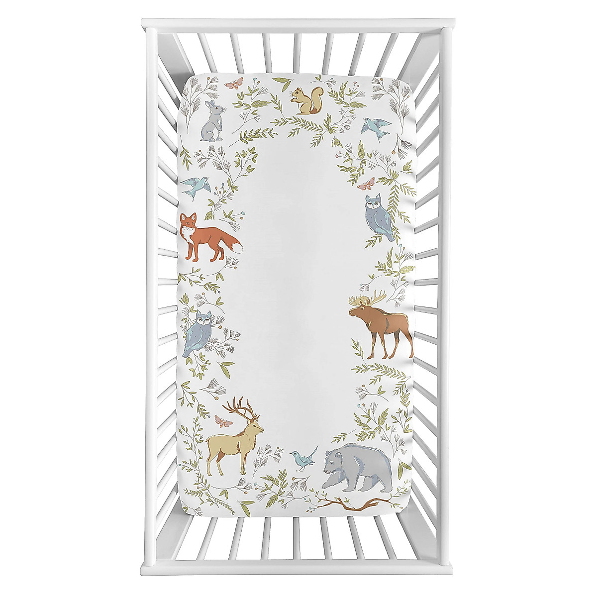 Sweet Jojo Designs Woodland Animal Toile Boy or Girl Fitted Crib Sheet Baby or Toddler Bed Nursery Photo Op - Grey, Green, and Brown Bear Deer Fox
