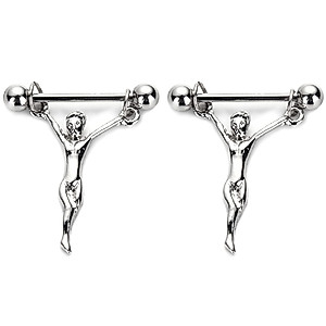 14G Surgical Steel Nipple Rings Dangly Jesus Nipplerings Straight Barbell Body Piercing Jewelry for Women Girls 1 Pair (14G; 16-14mm)