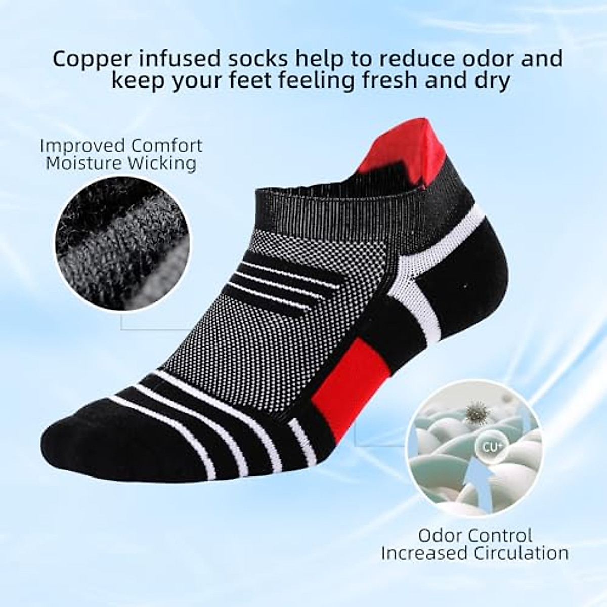 Kodal Copper Cushioned Athletic Ankle Socks, Low Cut Training Socks, Odor Free, Moisture Wicking, Arch Compression (5 Pairs)