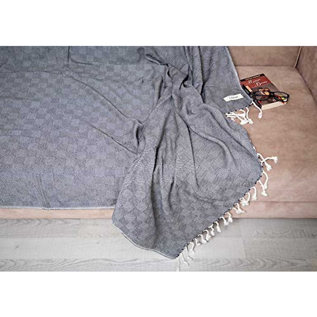 Bersuse 100% Cotton Milas XL Throw Blanket Turkish Towel - 60x90 Inches, Black