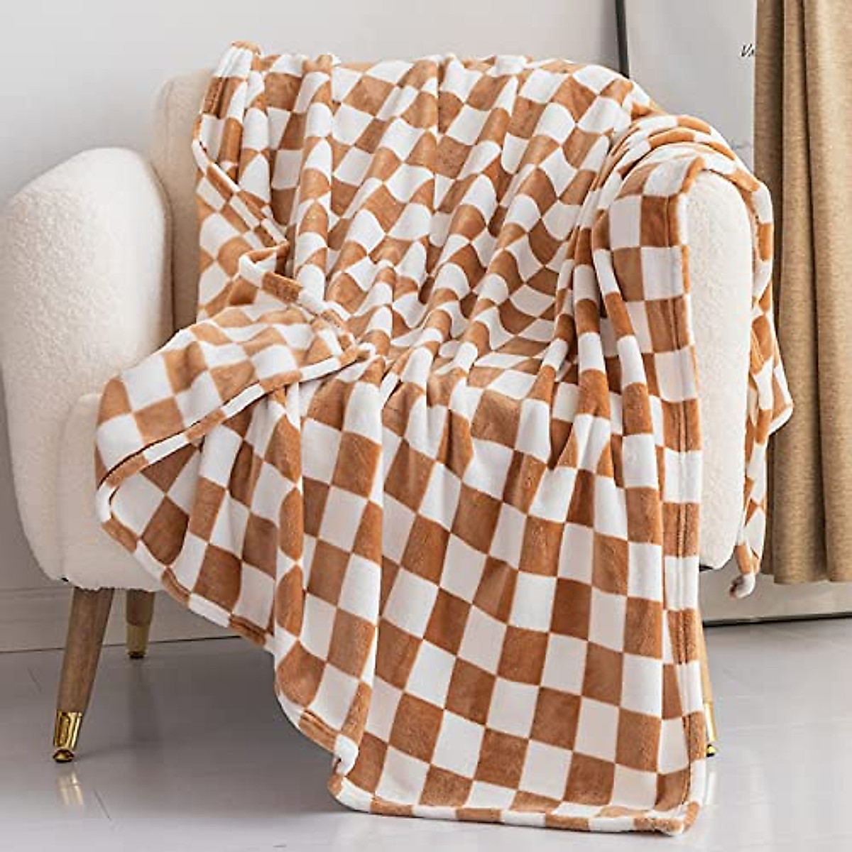Checkerboard Throw Blankets Luxurious Plaid Flannel Blanket - Super Soft and Warm 100% Polyester Throw for Sofa, Couch, Bed, Car, and Airplane - Elegant Gift Ribbon Included (Khaki,60"x50")