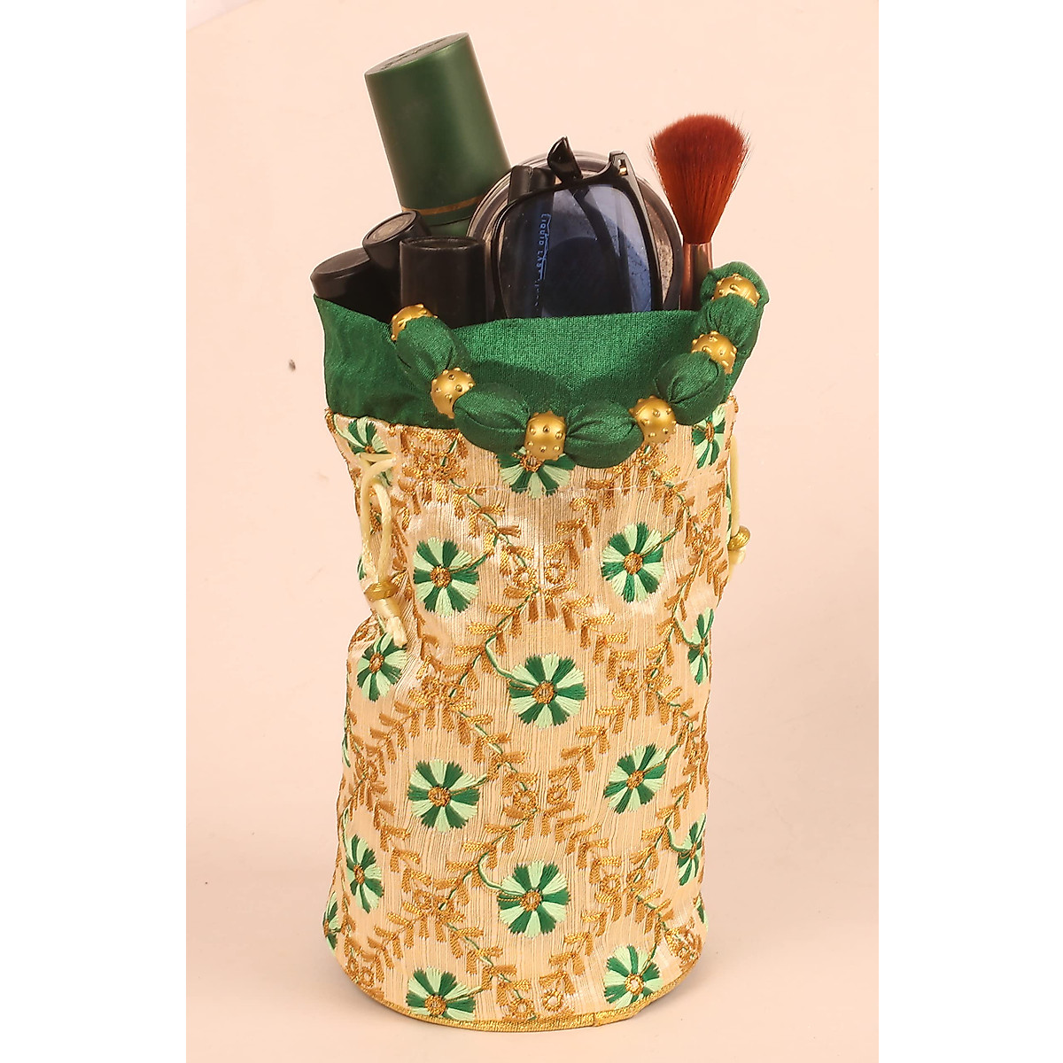 INDTRESOR beaded handcrafted embroidered evening purse drawstring handbag vintage party wedding gift for women. Green Gold