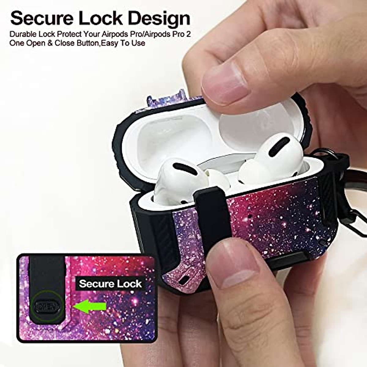 LOKYICOK Compatible with AirPods Pro 2nd Generation Case 2022, Secure Lock Clip Carbon Fiber Airpod Pro 2 Case with Keychain,Full Body Shockproof Hard Shell Protective Cover for AirPod Pro 2 (Red)