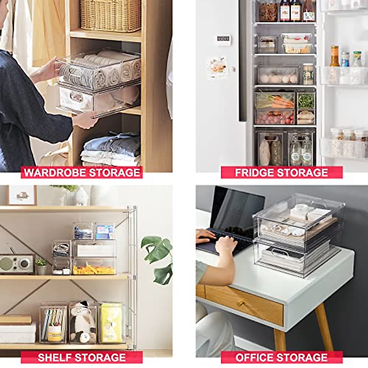 Taiuloo Refrigerator Organizer Bins with Pull-out Drawer, Clear Stackable Fridge Drawer Organizer Set, BPA-free Large Food Storage Containers for Freezer, Cabinet, Kitchen, Pantry Organization