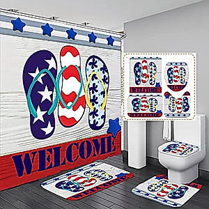 HEDYBARD 4 Pcs Red Blue Star Shower Curtain Set, Beach Themed Art Print of US Flag with Shower Curtain, Non-Slip Soft Flannel Rugs, Toilet Lid Cover, Bath Mat and 12 Hooks for Home Decorations