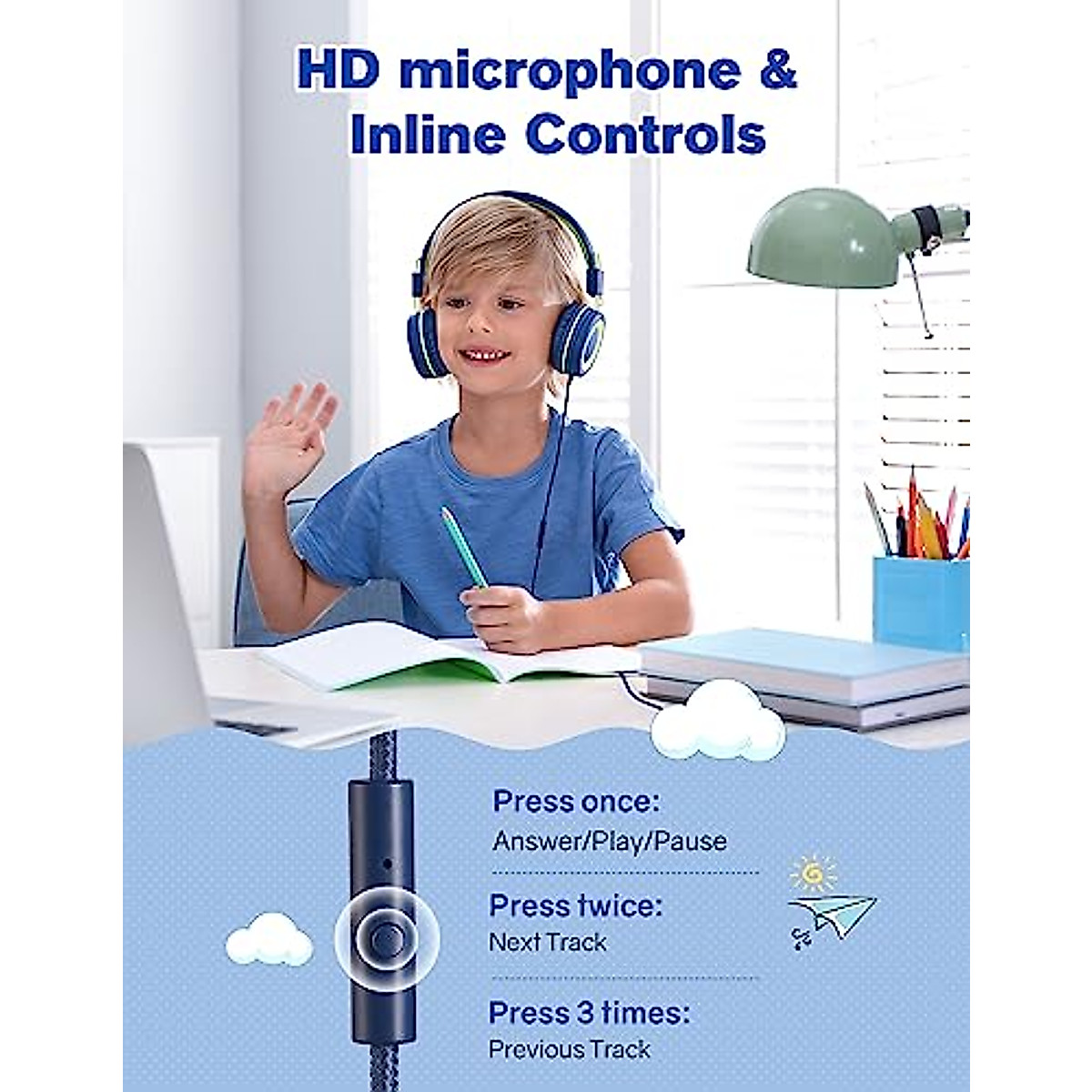 KLYLOP Kids Headphones with Microphone - 91dB Safe Volume Limited, Stereo Sounds, Wired On-Ear Headsets for Kids Teens with Sharing Splitter, Tangle-Free Foldable Headset for School/Tablet/Travel