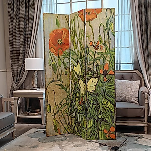 HOZUSO Room Divider Wood Privacy Screens Van Gogh's Butterflies and Poppies Painting Canvas 3-Panel Foldable Portable Separating Divider Room Partitions Freestanding Home Decor 71'' High