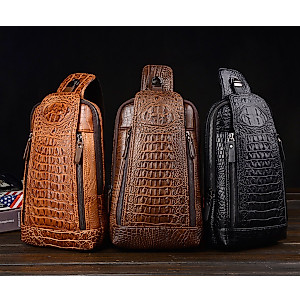 FiveloveTwo Mens Sling Bags Crocodile PU Leather Multipurpose Outdoor Shoulder Chest Bag Satchels Hiking Daypack Brown