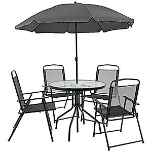 Flash Furniture Nantucket 6 Piece Patio Garden Table Set - Umbrella Table - Set of 4 Black Folding Chairs