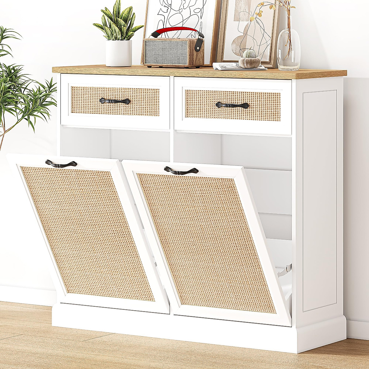 GAOMON Trash Storage Cabinet for 20 Gallons, Double Tilt Out Trash Cabinet Freestanding for Kitchen Dining Living Room, Hidden Garbage Bin Cabinet Dual Doors - Rattan