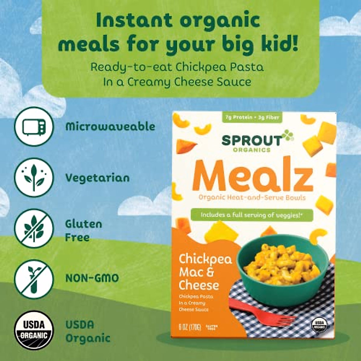Sprout Foods Organics, Big Kid Mealz, Chickpea Mac & Cheese, Organic Microwavable 6 oz Bowl (8-count)
