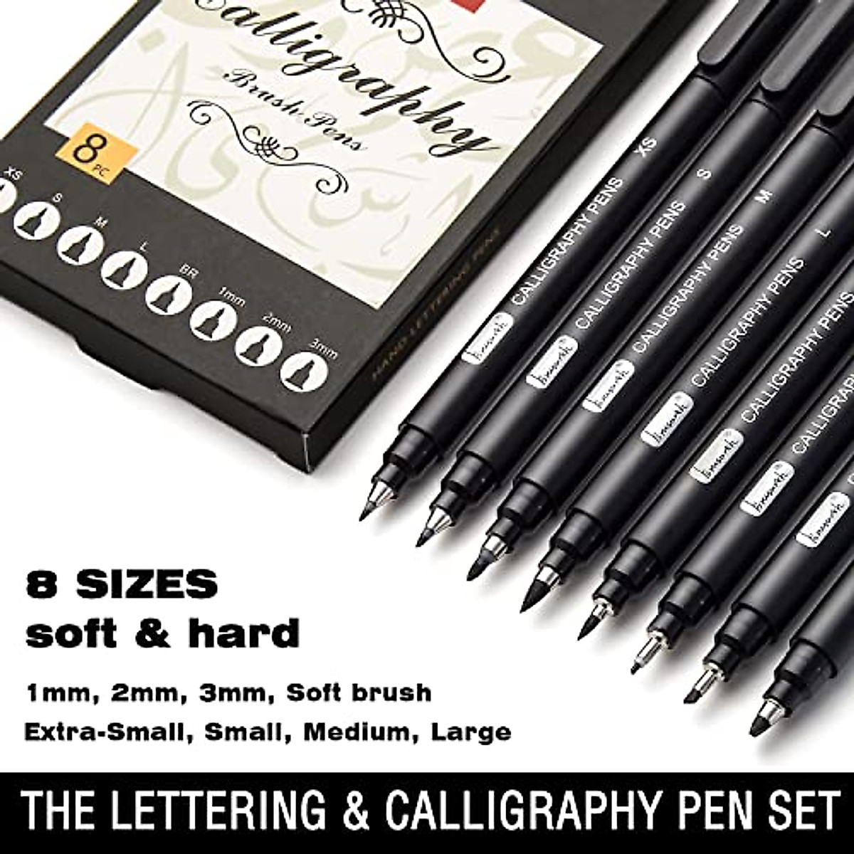 Brusarth Calligraphy Pens,Hand Lettering Pens, Calligraphy Brush Pen set for Beginners Writing, Sketching, Scrapbooking, Journaling, Soft and Fine Tip, Black Ink Drawing Pen Set, 8 Size