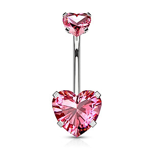 Forbidden Body Jewelry Surgical Steel Belly Button Ring with Heart CZ & Internally Threaded Matching Top, Pink