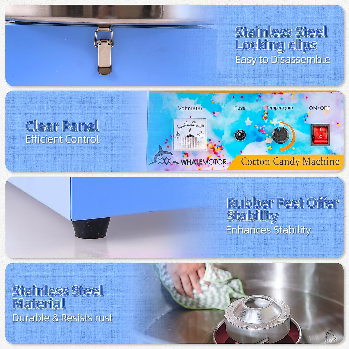 WHALEMOTOR Commercial Cotton Candy Machine, Blue Electric Cotton Candy Maker Machine for Family Events, Candy Floss Machine for Kids, Birthday Party Outside, Ballgames, Church
