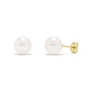 14K Gold AAAA Round White Freshwater Cultured Pearl Classic Bridal Stud Earrings - Choice of Pearl Size (11.0-12.0mm, Yellow Gold)