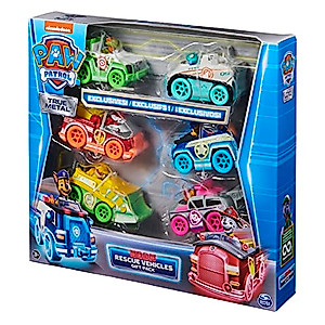 Paw Patrol, True Metal Neon Rescue Vehicle Gift Pack of 6 Collectible Die-Cast Toy Cars, 1:55 Scale, Kids Toys for Boys and Girls Ages 3 and up