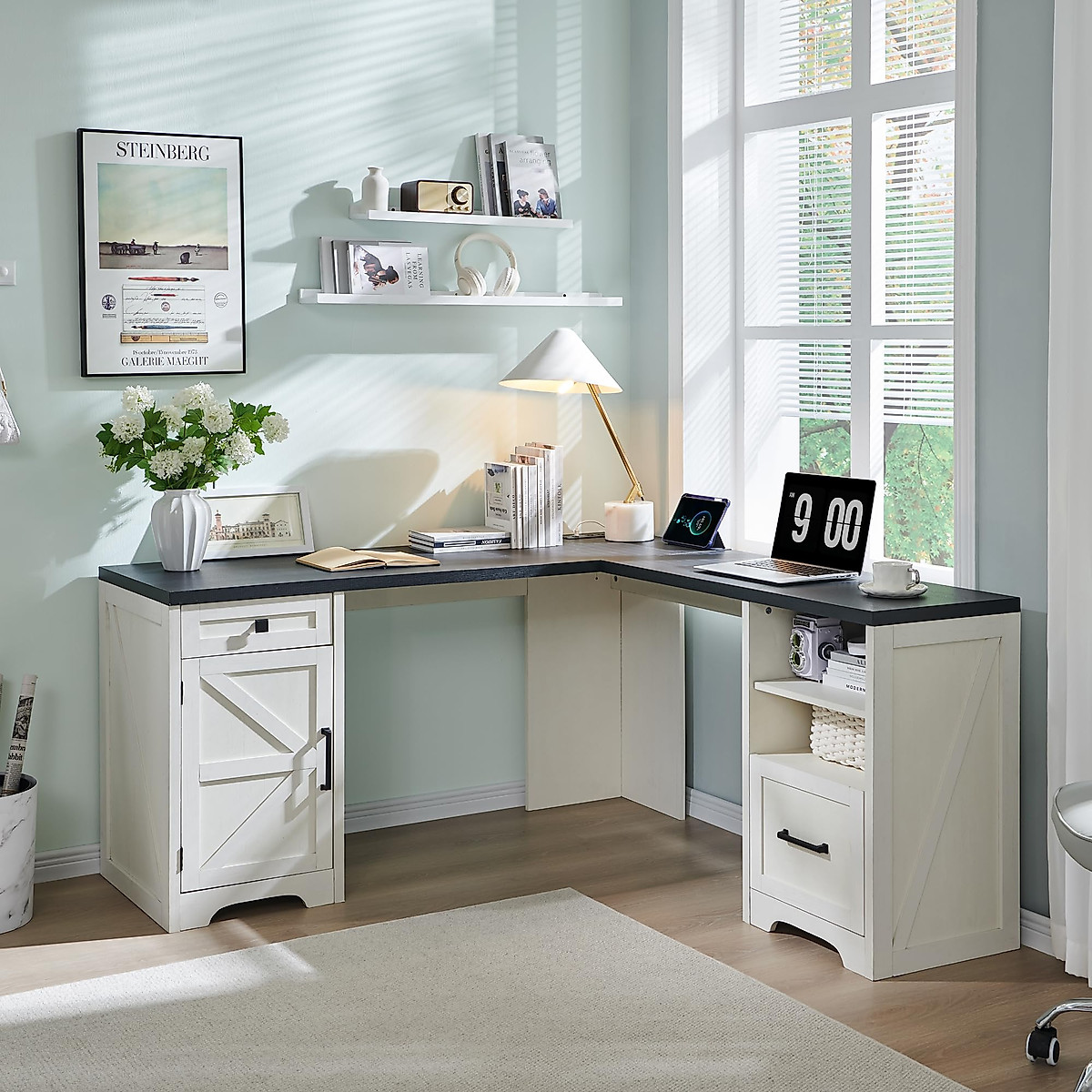 JXQTLINGMU L Shaped Desk, Corner Computer Desk with File Drawer & Charging Station, Home Office 59x59Inch Huge Workspace Study Writing Desk, Off White