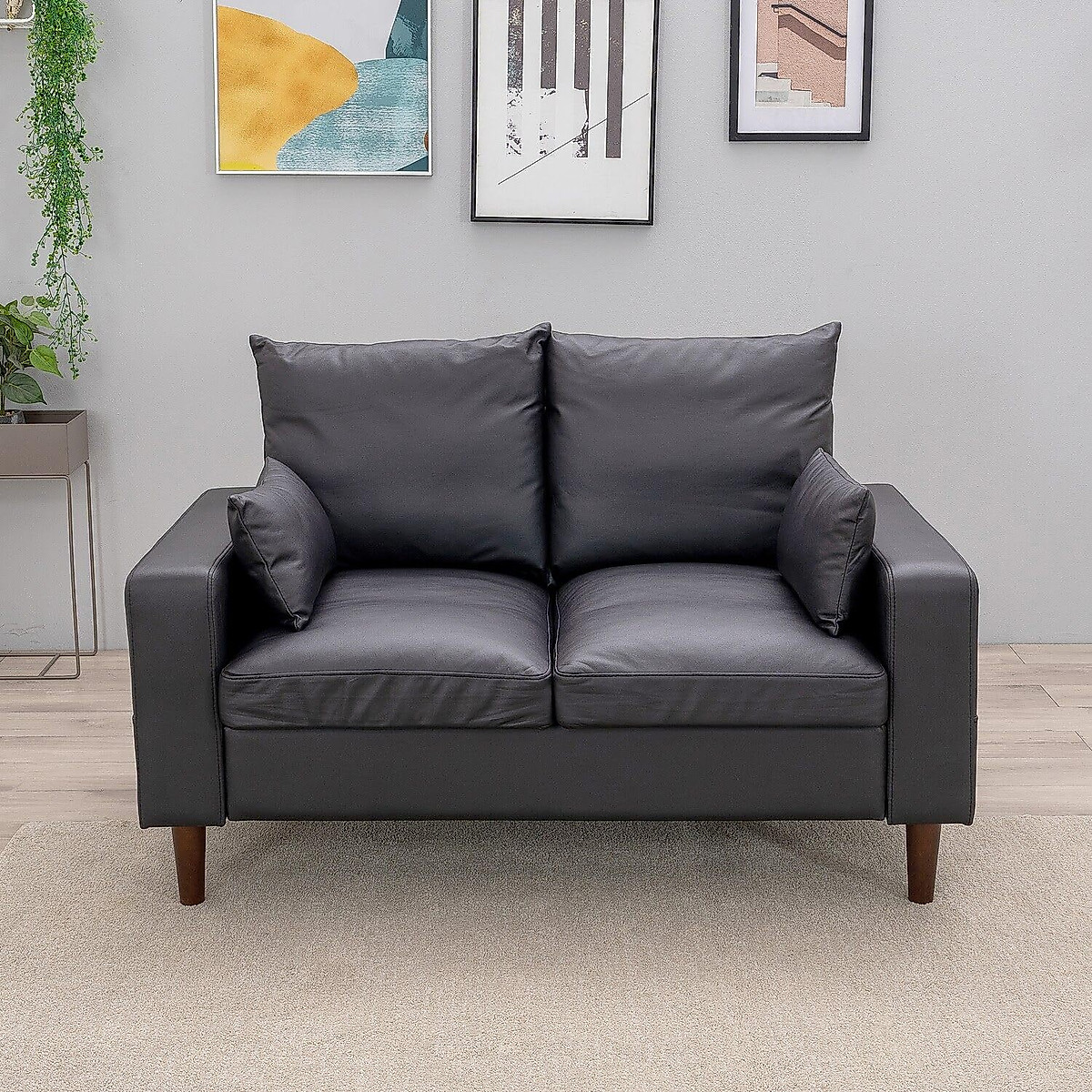 Panana Small Modern Loveseat Couch Sofa Upholstered Faux Leather 2-Seat Sofa Couch Love Seats Furniture for Small Space,Living Room,Studio,Apartment with 2 Pillows,Black