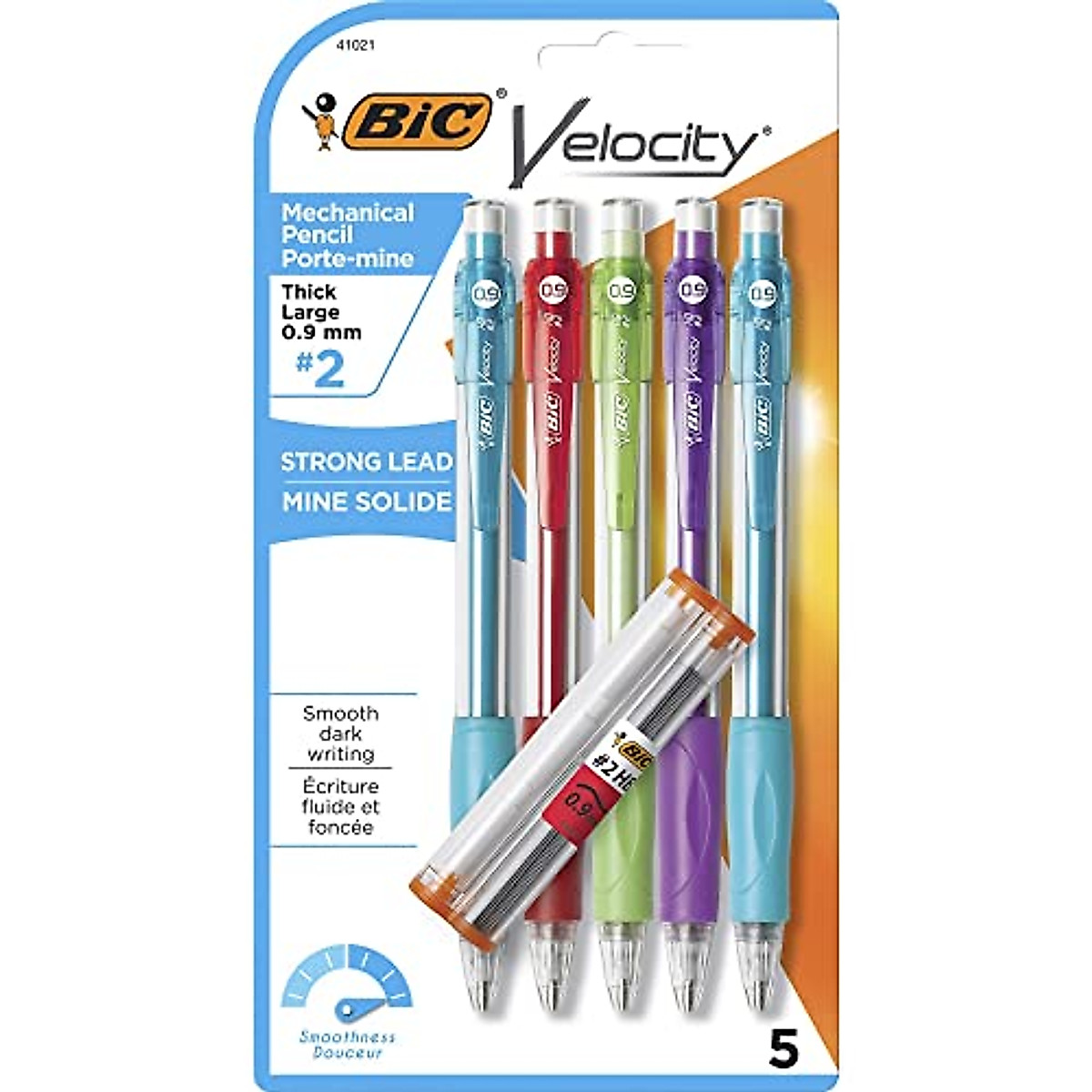 BIC Velocity Strong Lead Mechanical Pencils, With Colorful Barrel, Thick Point (0.9mm), 5-Count Pack Mechanical Pencils With Erasers