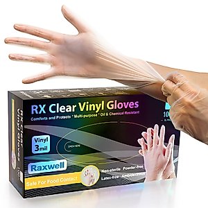 Raxwell Vinyl Gloves | Clear Plastic Disposable Gloves | Latex Free, Powder Free, Food Safe | 100 Count - Ideal for Food Handling, Food Prep, Non-Sterile Cleaning, Hair Dye & More