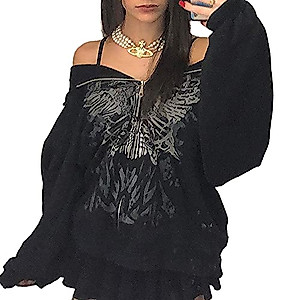 SOLILOQUY Women Zip Up Hoodie Y2k Vintage Graphic Oversized Hooded Sweatshirt Jacket Grunge Fairycore Coats Harajuku Streetwear (H-Black, Large)