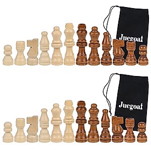 Juegoal 2 Pack Wooden Chess Pieces Only, 32 Pieces Each Wood Chessmen Pieces, 2.4 Inch King Figures Chess Game Pawns Figurine Pieces, Replacement of Missing Piece, Includes Storage Bag
