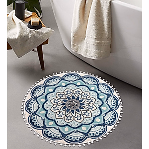 Uphome Small Round Rug 2.3ft Blue Boho Bathroom Rugs with Pom Pom Fringe Non-Slip Washable Mandala Circle Bath Mat Soft Cute Bohemian Throw Rug for Bedroom Sink Dorm Powder Room