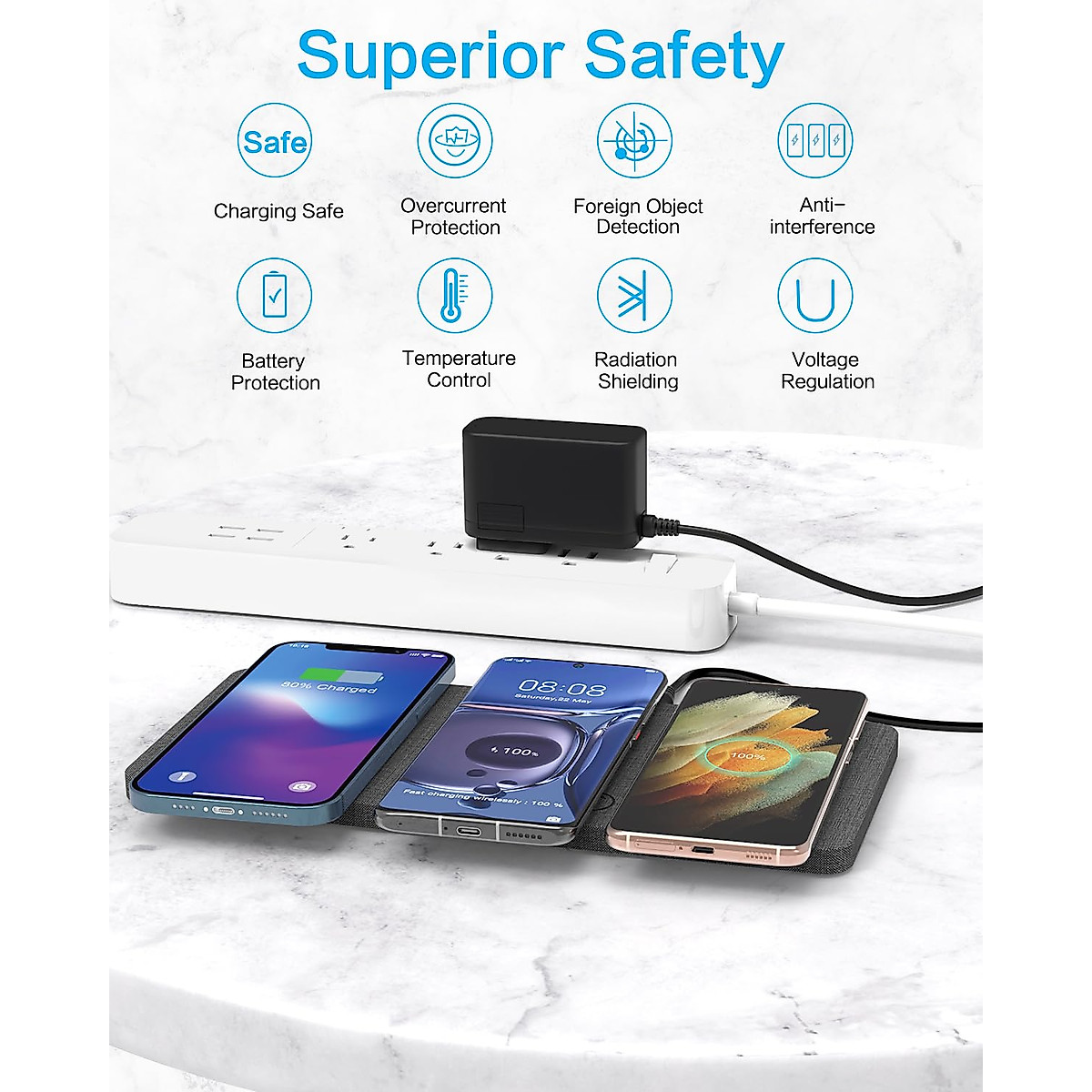 Wireless Charging Pad, ZealSound Ultra-Slim Triple Wireless Charger Station for Multiple 3 Devices & New Airpods Ultra Slim PU Leather Wireless Charging Mat W/AC Adapter for Smartphone Phone (Gray)