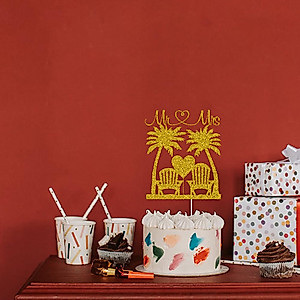 Mr & Mrs Cake Topper Tropical Wedding Cake Decorations Palm Tree Chair Hawaii Beach Wedding Party Supplies Bride & Groom Travel Cake Toppers Gold Glitter