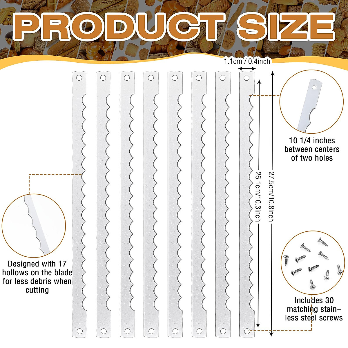 Therwen Bread Bow Knife Blades Stainless Steel Replacement Blade Bread Blade with Screws for Cake Homemade Bread Cutting Wooden Bread Knife, 10.8 Inches (12 Pcs)