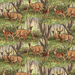 David Textiles Deer Family Deer in The Woods Scenic Multicolor Premium Quality 100% Cotton Fabric by The Yard.