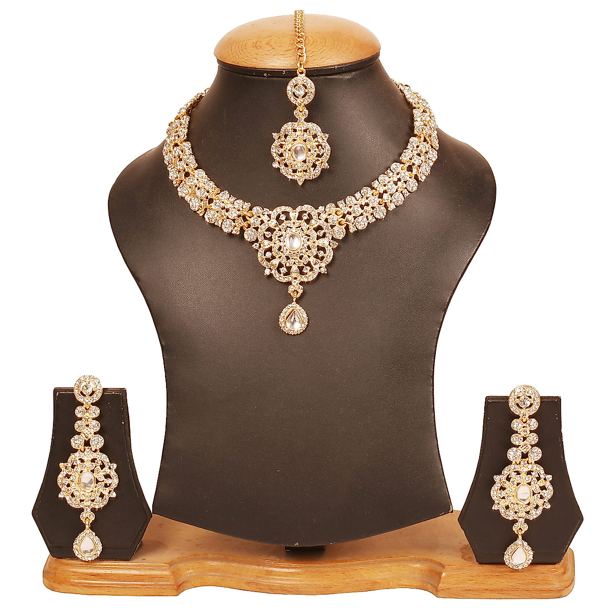 Touchstone Indian Bollywood Contemporary Fabulous Style Definition Rhinestone Designer Jewelry Wedding Necklace Set In Gold Tone For Women.
