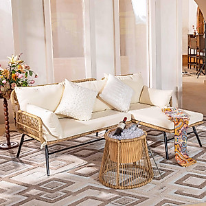 NICESOUL® 7 Pcs Boho Outdoor Patio Furniture Sofa Set with Egg Chair, L-Shaped Lounge Chair with Beige Cushions, Wicker Conversation Set with Ice Bucket for Garden Balcony Deck Bohemian Cream Color