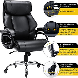 chizzysit Big and Tall Office Chair, Executive Office Chair for Heavy People, Massage Office Desk Chair 400lbs, Leather Office Chair with Heavy Duty Metal Base and Quiet Wheels