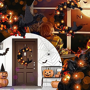 Ceenna Halloween Wreaths Moon Cat Wreath with Rose Cat Door Wreath Cute Cat Garland Light up Moon Cat Wreath with Rose for Front Door Indoor Outdoor Window Farmhouse Porch Wall (Orange Berry)