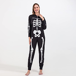 Family Halloween Skeleton Pajamas Funny Zipper Hooded Jumpsuit Matching Family Pjs Sleepwear (Women, Medium)