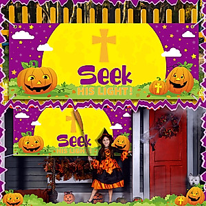 SmoothNovelty Halloween Christian Pumpkin Backdrop Banner Seek His Light Banner Religious Halloween Decoration Church Theme Party Banner for Halloween Fall Outdoor Sunday School Decor, 50 x 20 Inch