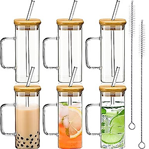 Rtteri 6 Set Glass Cups Square Drinking Glasses with Bamboo Lid Straw and Handle Appreciation Gifts for Employee Coworker Portable Coffee Mugs(13 oz, Small,Clear)