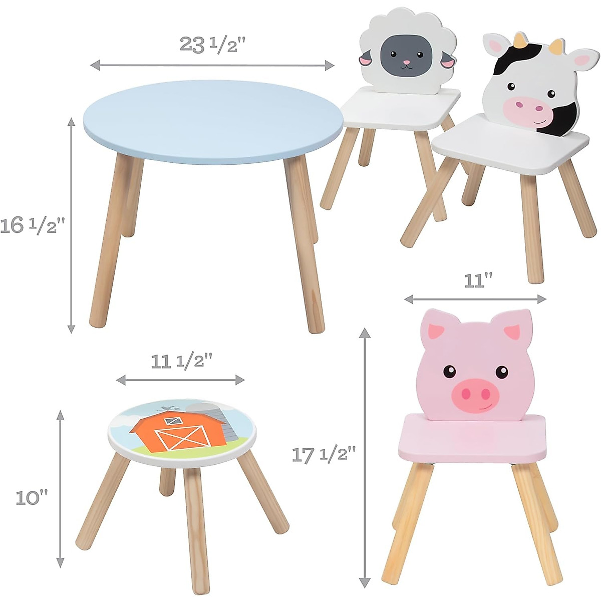 Kids Wooden Animal Table & Chair Set w 4 Seats- Cow Pig Sheep plus Adult Stool for Arts Crafts, Dining, Pretend Play- Durable Playroom Furniture for Home, Daycare Classroom- Toddler Children Xmas Gift