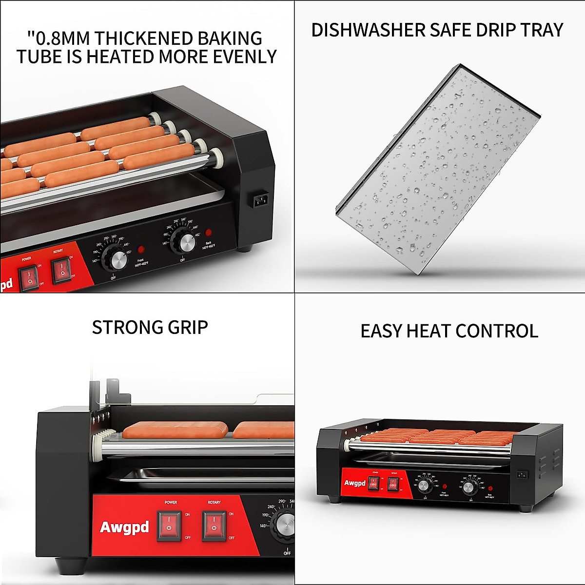 Awgpd Hot Dog Roller 5 Rollers 12 Hot Dogs Capacity, 750W Stainless Sausage Grill Cooker Machine with Dual Temp Control,Removable Drip Tray for Party Home Commercial (5 Roller)