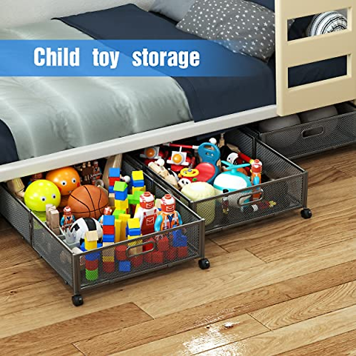 BIETCR under bed storage containers with wheels,metal underbed storage containers drawers, under bed shoe storage organizer for Bedroom Clothes Shoes Blankets (2PCK.BLACK)