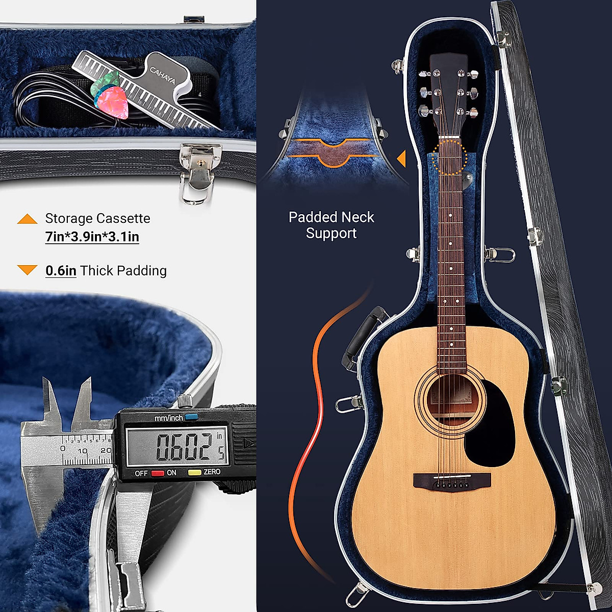 CAHAYA 41 Inch ABS Hard Guitar Bag Acoustic Guitar Case Waterproof 0.6 Inch Thick Padding for Acoustic Classical Guitars, Black CY0246