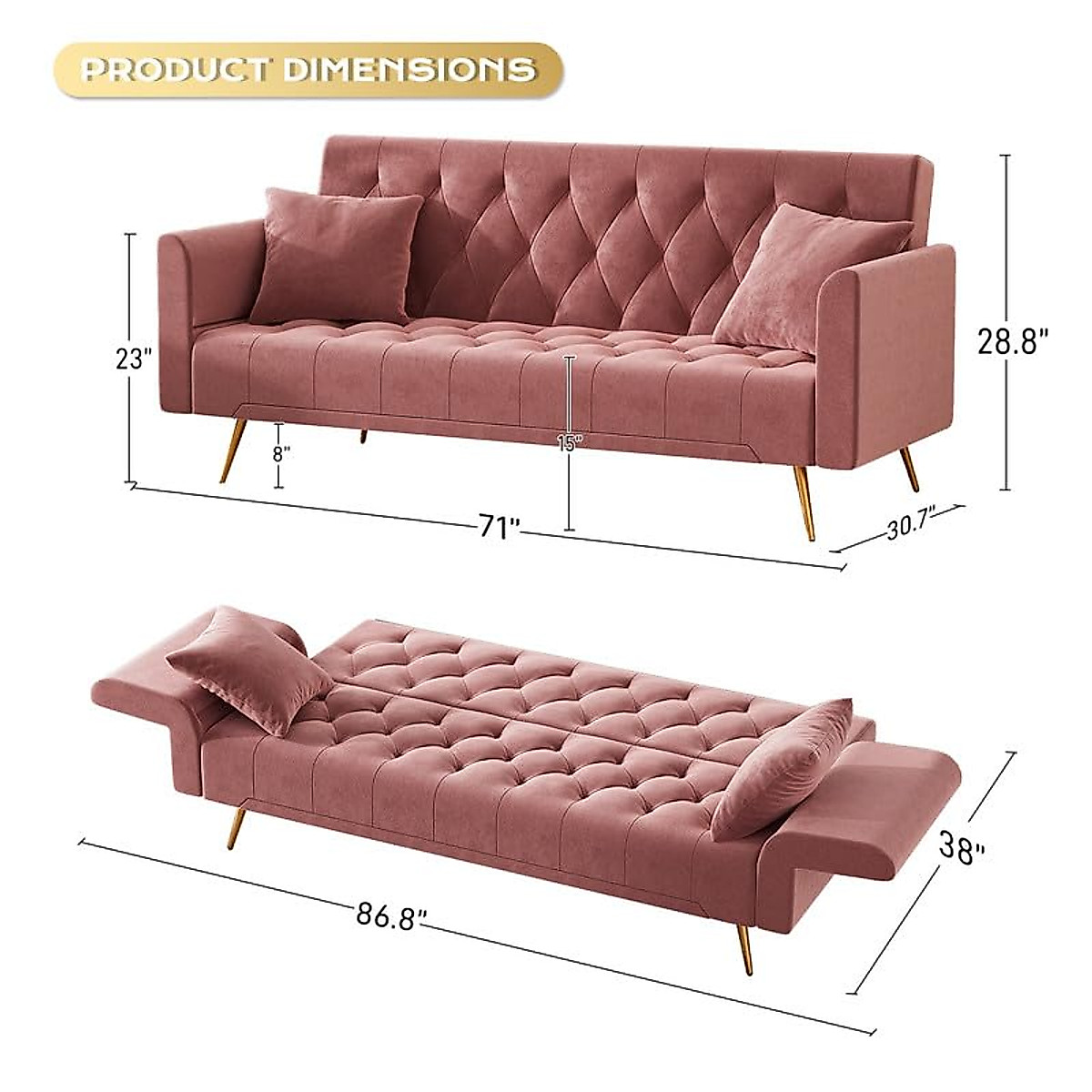 DAMAIFROM 71" Velvet Couch, Futon Sofa Bed, Sleeper Sofa with Adjustable Back, Loveseat,Mid Century Modern Couches with Folding Armrests for Living Room, Bedroom,Small Spaces (Rose Pink)