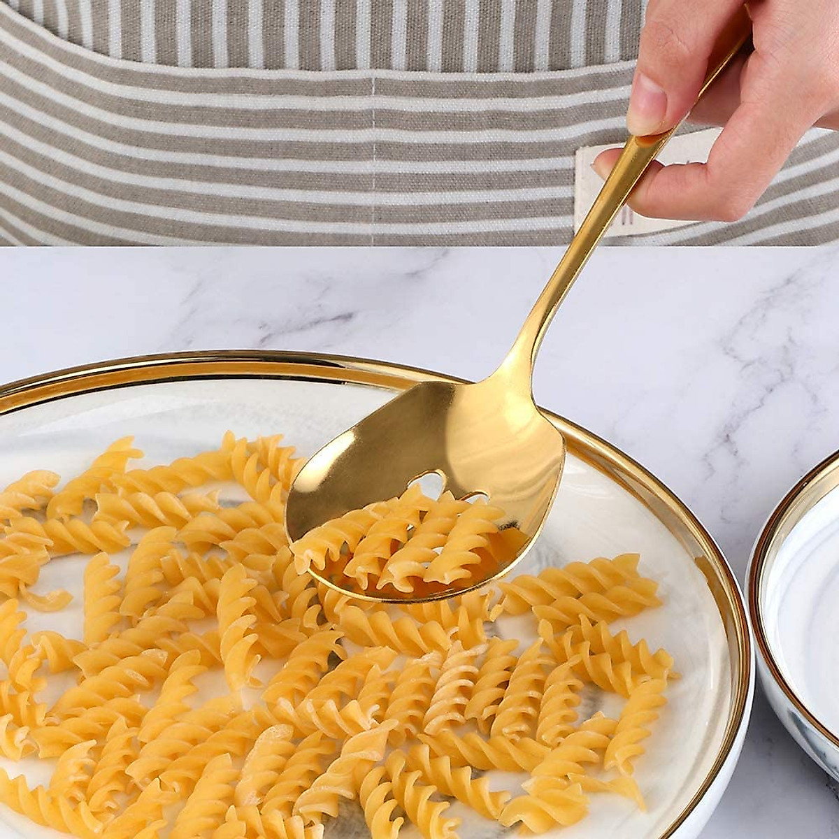 TUPMFG Serving Spoons Set - Stainless Steel Serving Utensils Includes Serving Spoons, Slotted Spoons, Tongs and Cake Server for Buffet Party Gold