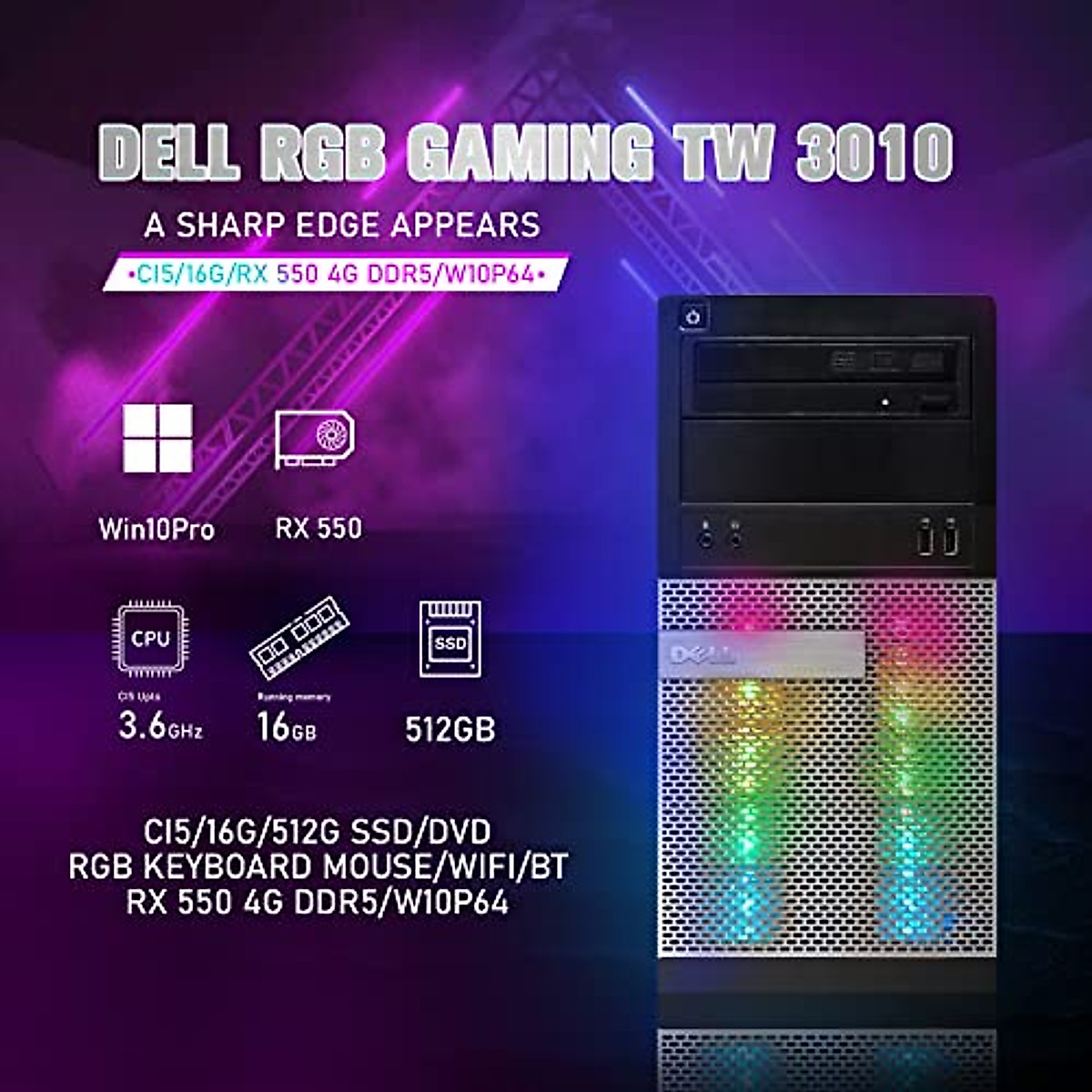 Dell Gaming PC Desktop RGB Computer Intel Quad I5 up to 3.6GHz + Radeon RX 550 4G GDDR5, 16GB RAM, 512G SSD, RGB Keyboard & Mouse, WiFi & Bluetooth, DVD, Win 10 Pro (Renewed)