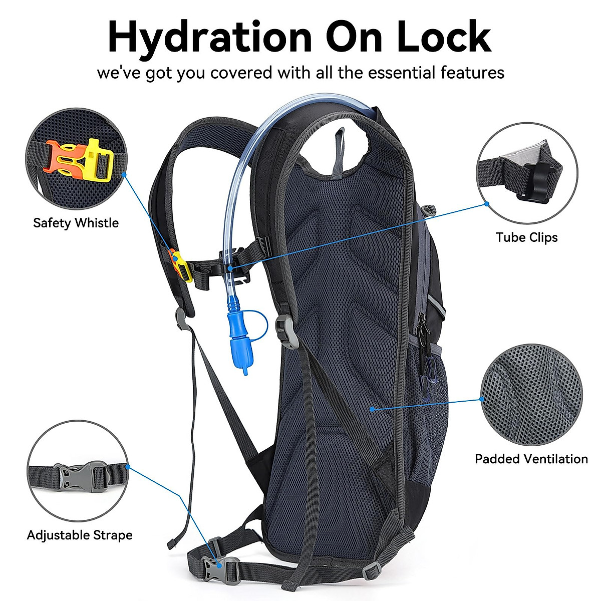Hydration Pack,Hydration Backpack with 2L Hydration Bladder Lightweight Running Water Backpack for Women Men Kids (Black)