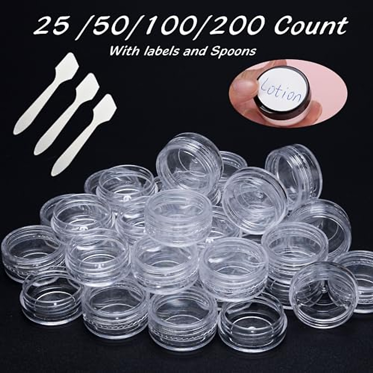 25 Count 3 Gram Sample Containers, Clear Lip Balm Containers with Lids, Small Plastic Sample Jars with 2 Mini Spoons, 25pcs Labels (Clear Lid)
