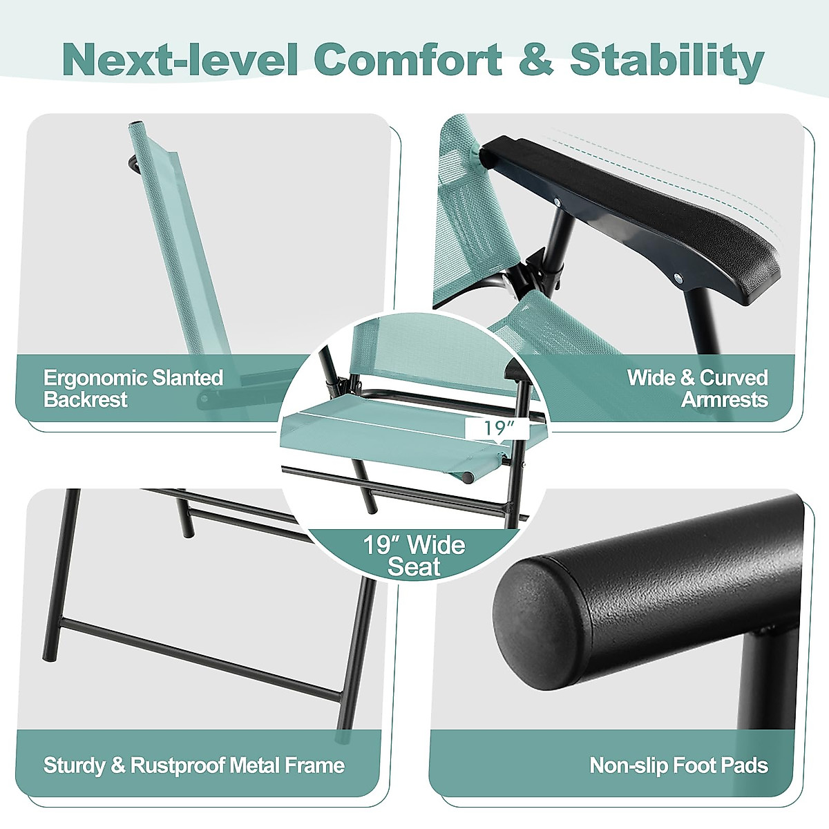 Tangkula Patio Folding Chairs Set of 2, Outdoor Sling Chairs with Breathable Fabric Back & Seat, Portable Dining Camping Chairs for Poolside, Yard, Garden, Deck, Lawn, Beach (Mint Green)